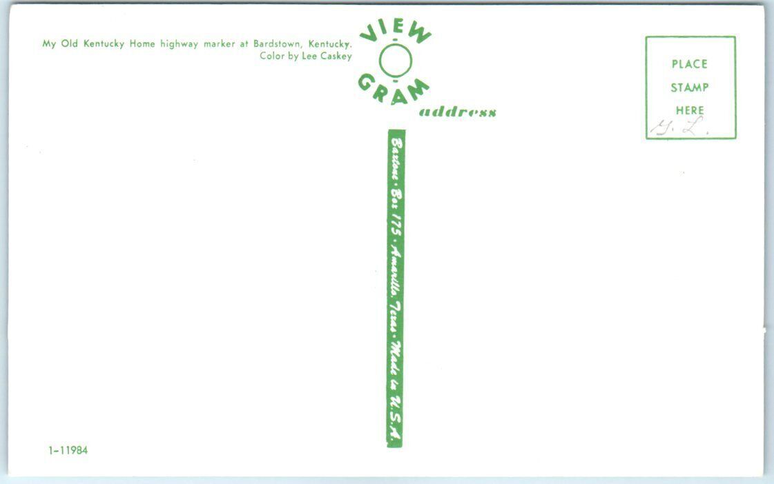 Postcard - My Old Kentucky Home highway marker at Bardstown, Kentucky ...