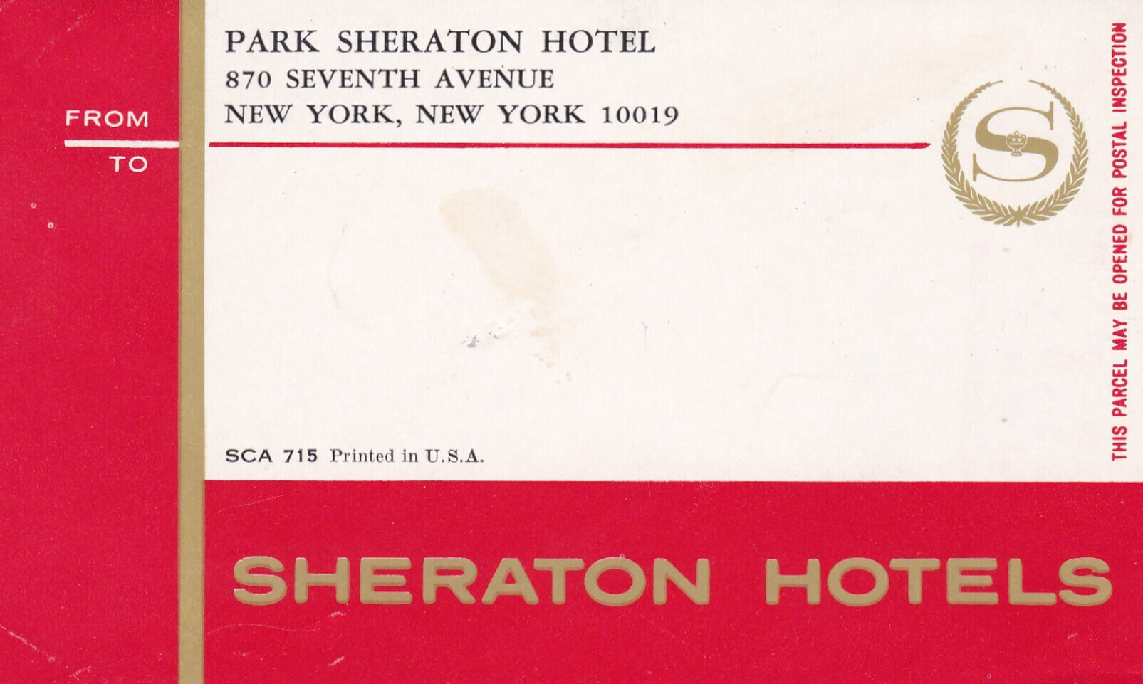New York City Park Sheraton Hotel Vintage Luggage Label sk3103 | United ...