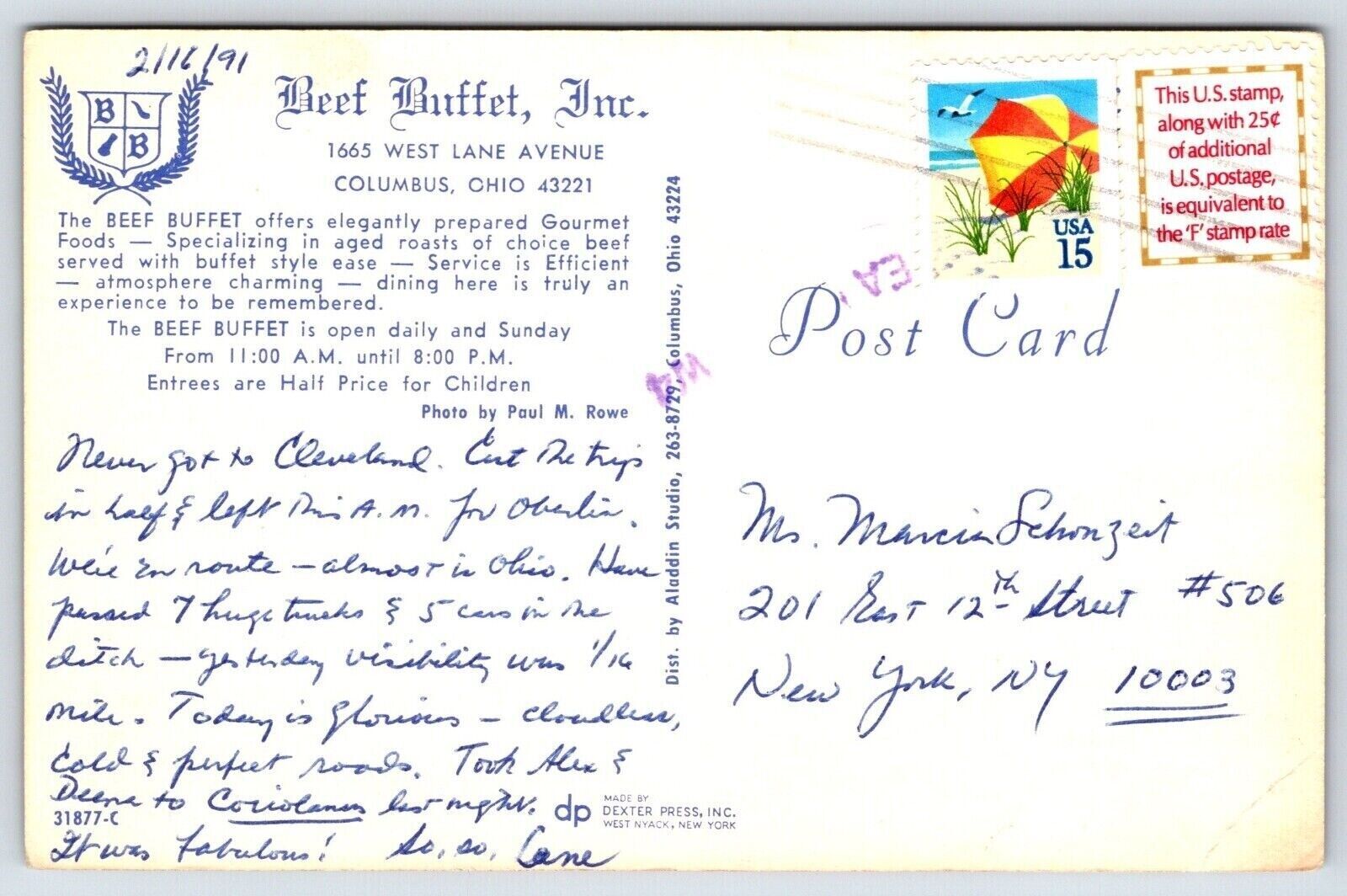 Postcard Beef Buffet Restaurant Interior Columbus Ohio 1960s | United ...