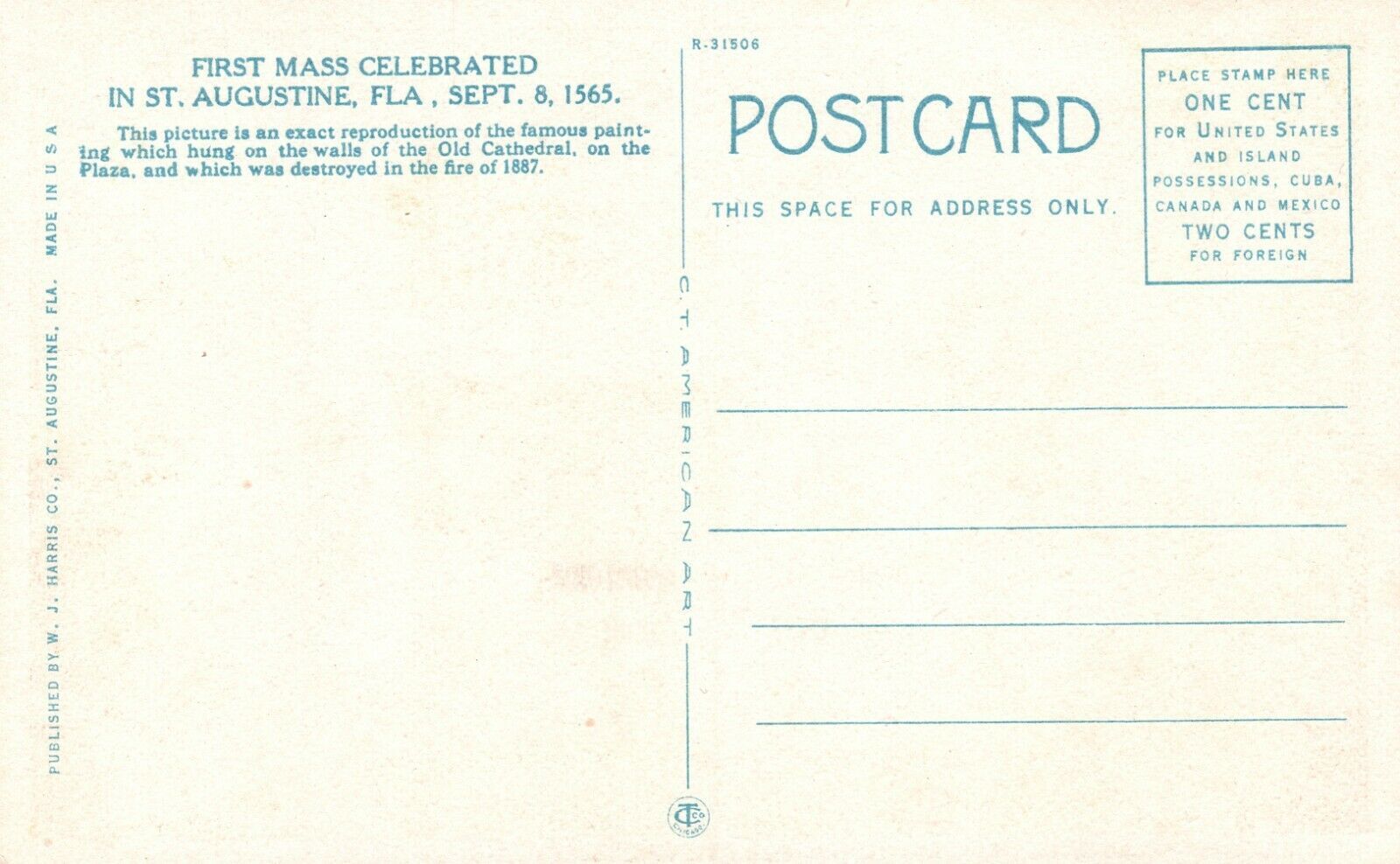 Vintage Postcard 1920's First Mass Celebrated in St. Augustine FL ...