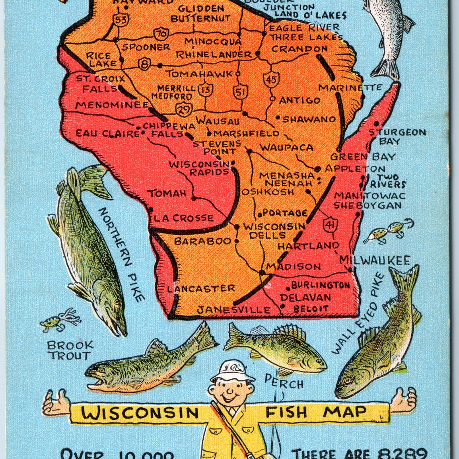 c1940s Wisconsin Fish Map Postcard Exaggerated Arm Man Trout EC Kropp ...