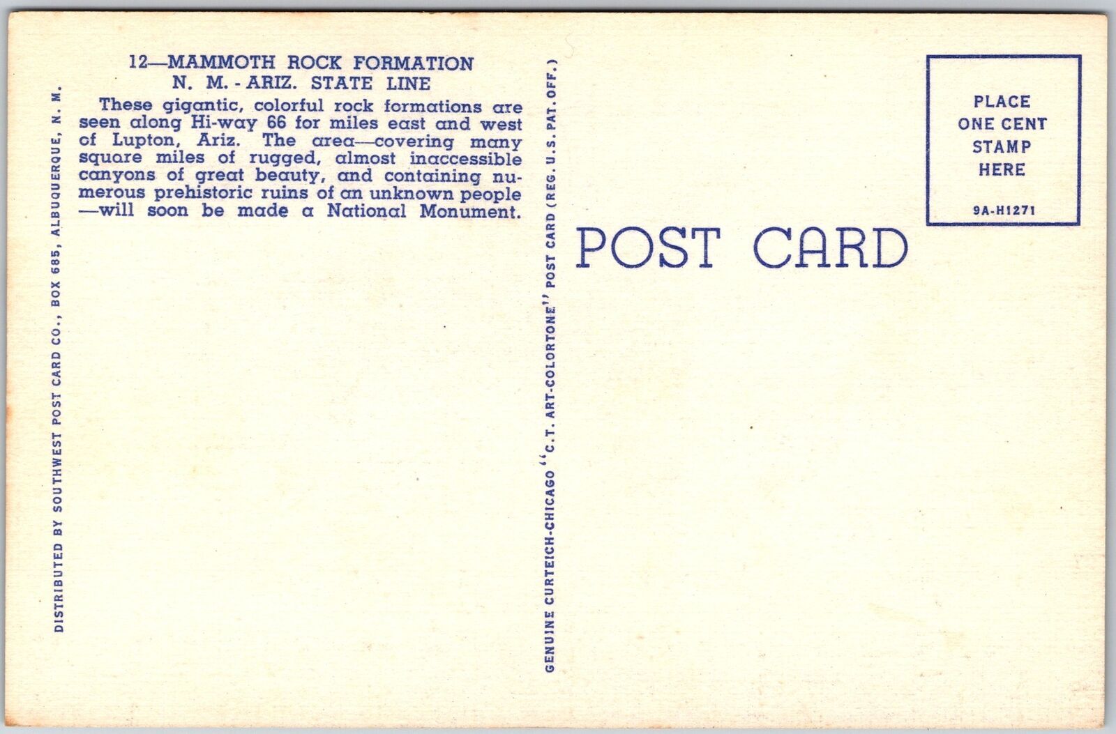 Mammoth Rock Formation New Mexico Arizona Rugged Canyons Postcard ...