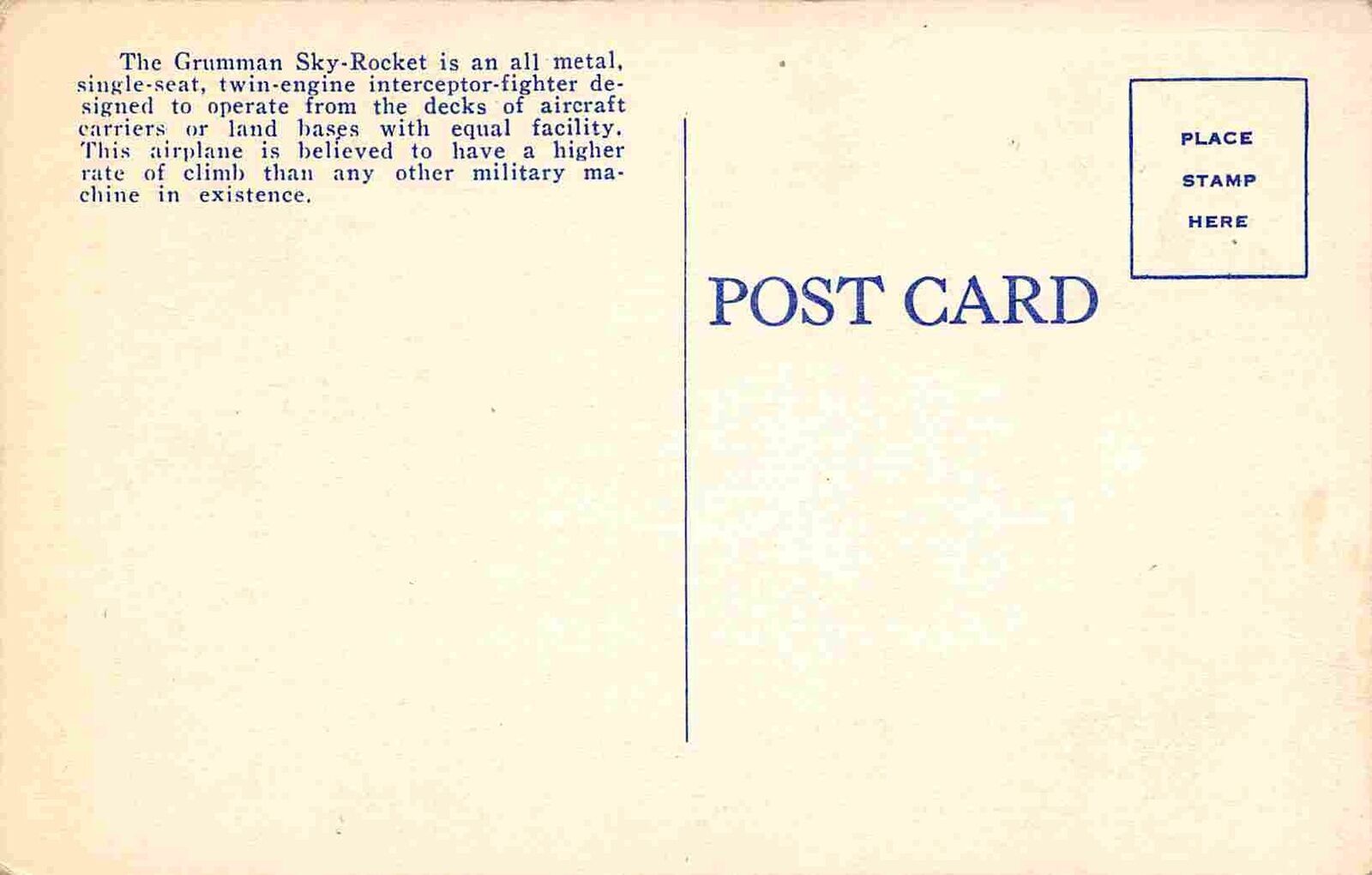 Grumman Sky Rocket XFSF-1 Fighter Military Plane WWII linen postcard ...