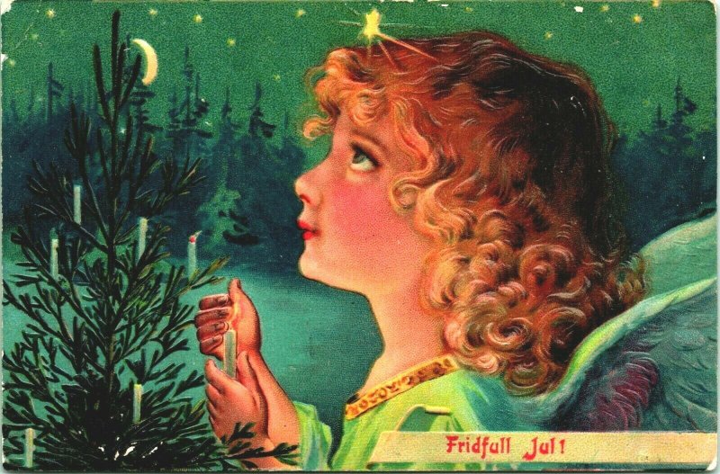 Peaceful Christmas Fridfull Jul Angel Star Tree Night Candle Embossed ...