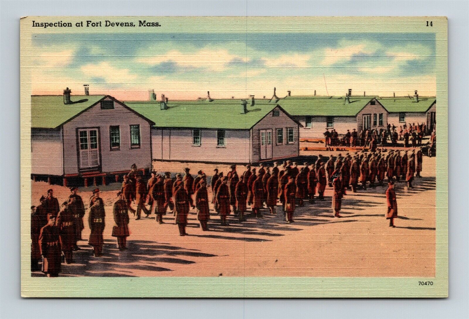 Postcard WW2 Era Fort Devens MA Soldiers In Formation For Inspection ...