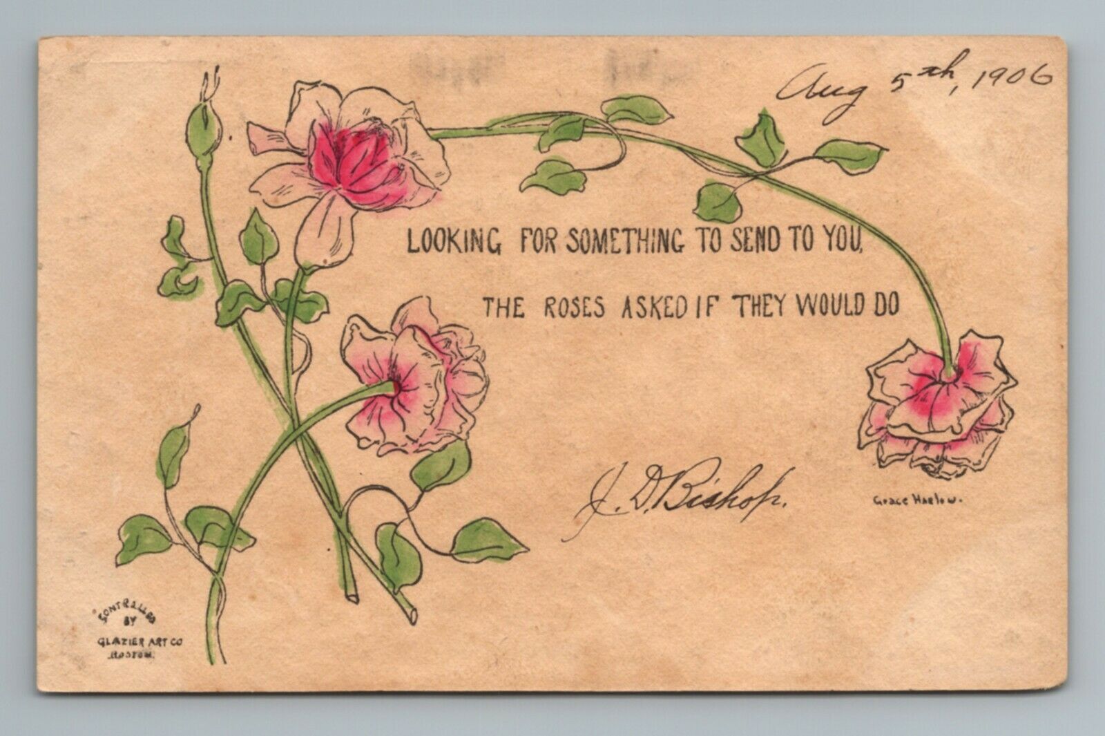 Hand Tinted Colored Rose Flowers Grace Harlow Poem 1900s Vintage ...