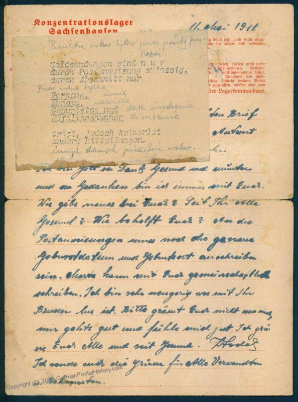 3rd Reich Germany Concentration Camp Sachsenhausen Letter Postal Money ...