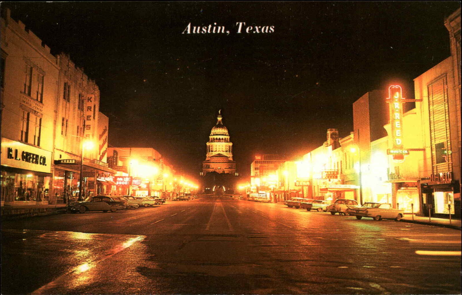 Austin Texas TX State Capitol Night Scene Street Scene c1950s-60s ...