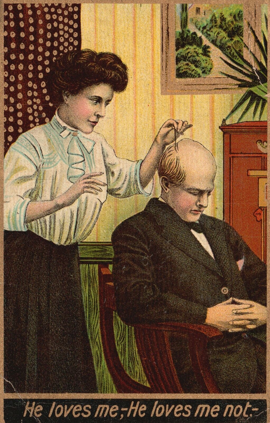 Vintage Postcard 1910's Lady Counting Hairs He Loves Me He Loves Me Not ...
