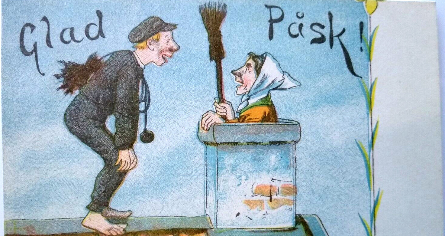 Easter Witch Postcard Fantasy Glad Pask Inside Chimney Barefoot Man ...