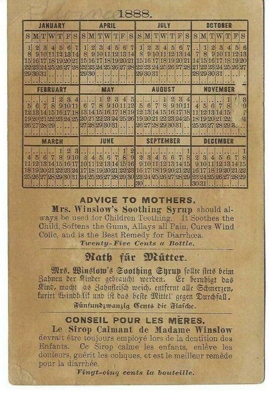 AE-220 Mrs. Winslows Soothing Syrup 1888 Calendar Mom Child Victorian ...