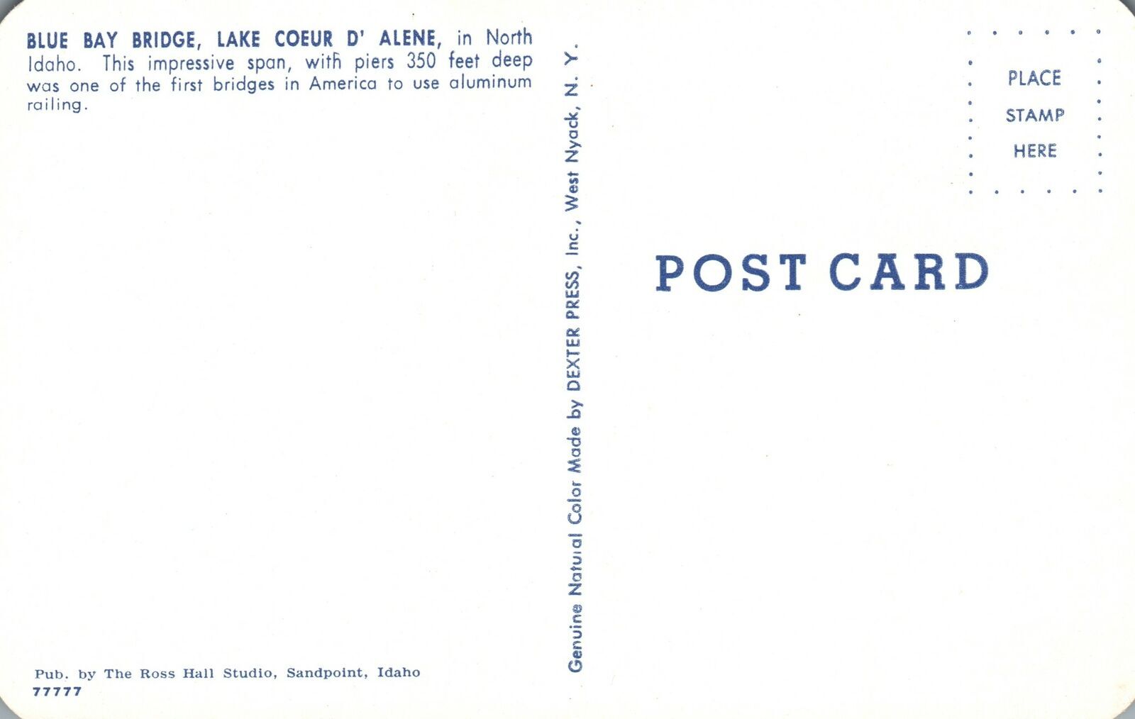 Vintage Postcard Blue Bay Ridge Lake Coeur D' Alene Impressive Span ...