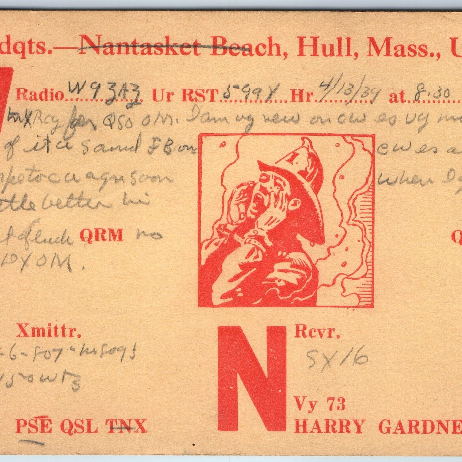 c1939 Hull, MA Fire Headquarters QSL Ham Radio Card W1NE Gardner RST ...