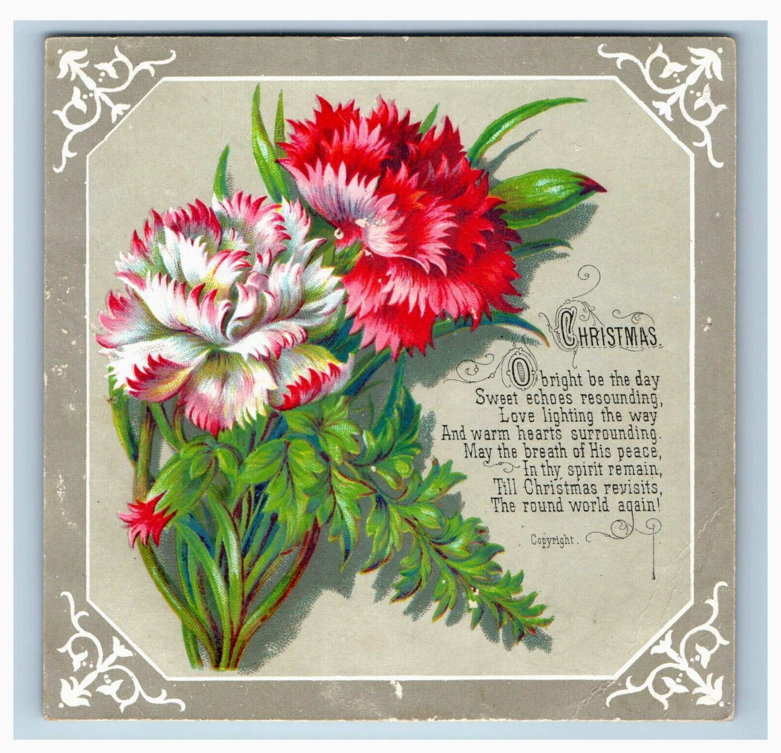 1880s Victorian Christmas Card Lovely Poem Carnations #6A | Ephemera ...