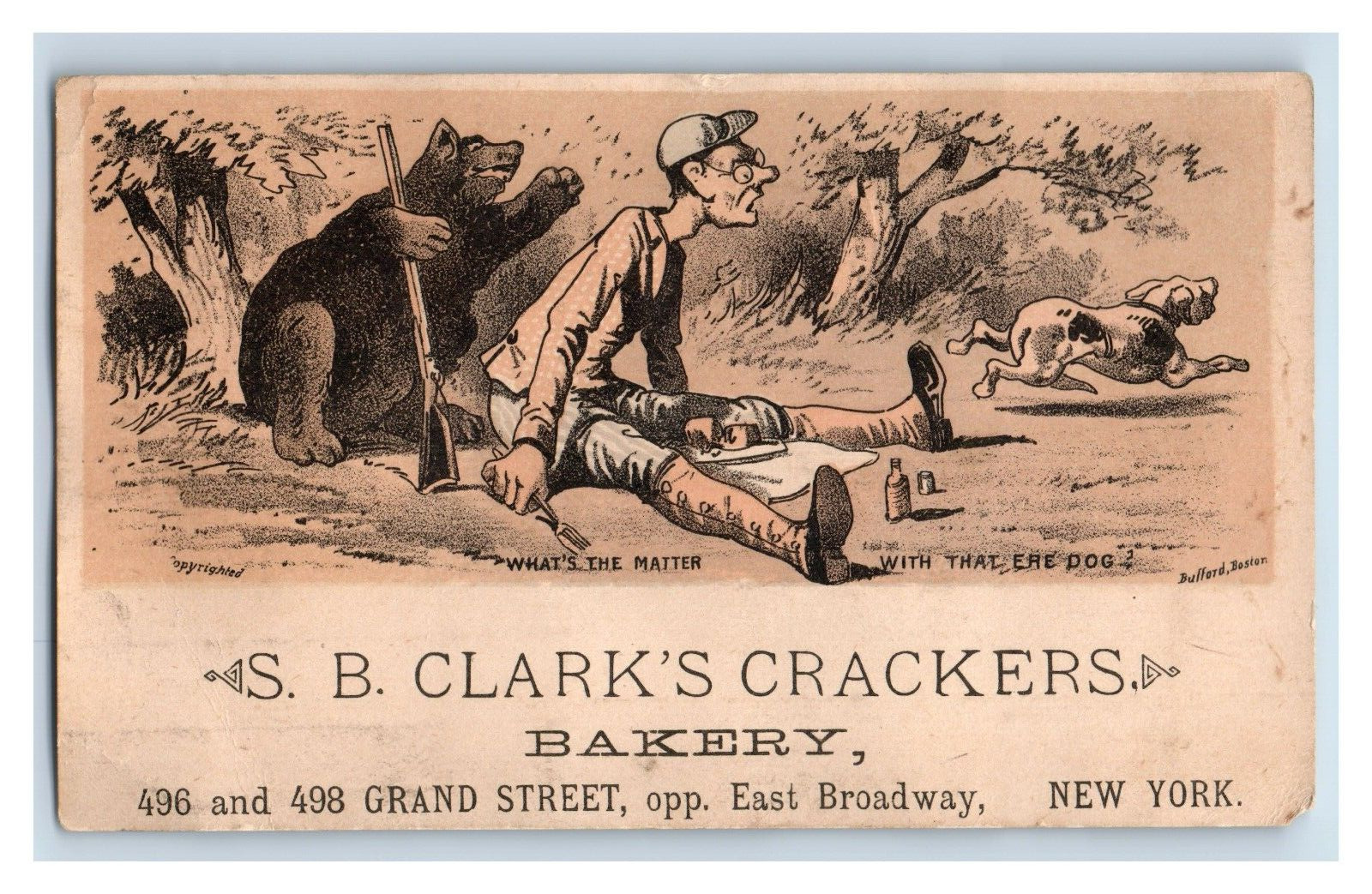 1870s-80s S.B. Clark's Crackers Bakery Comical Hunter Rifle Dog & Bear ...