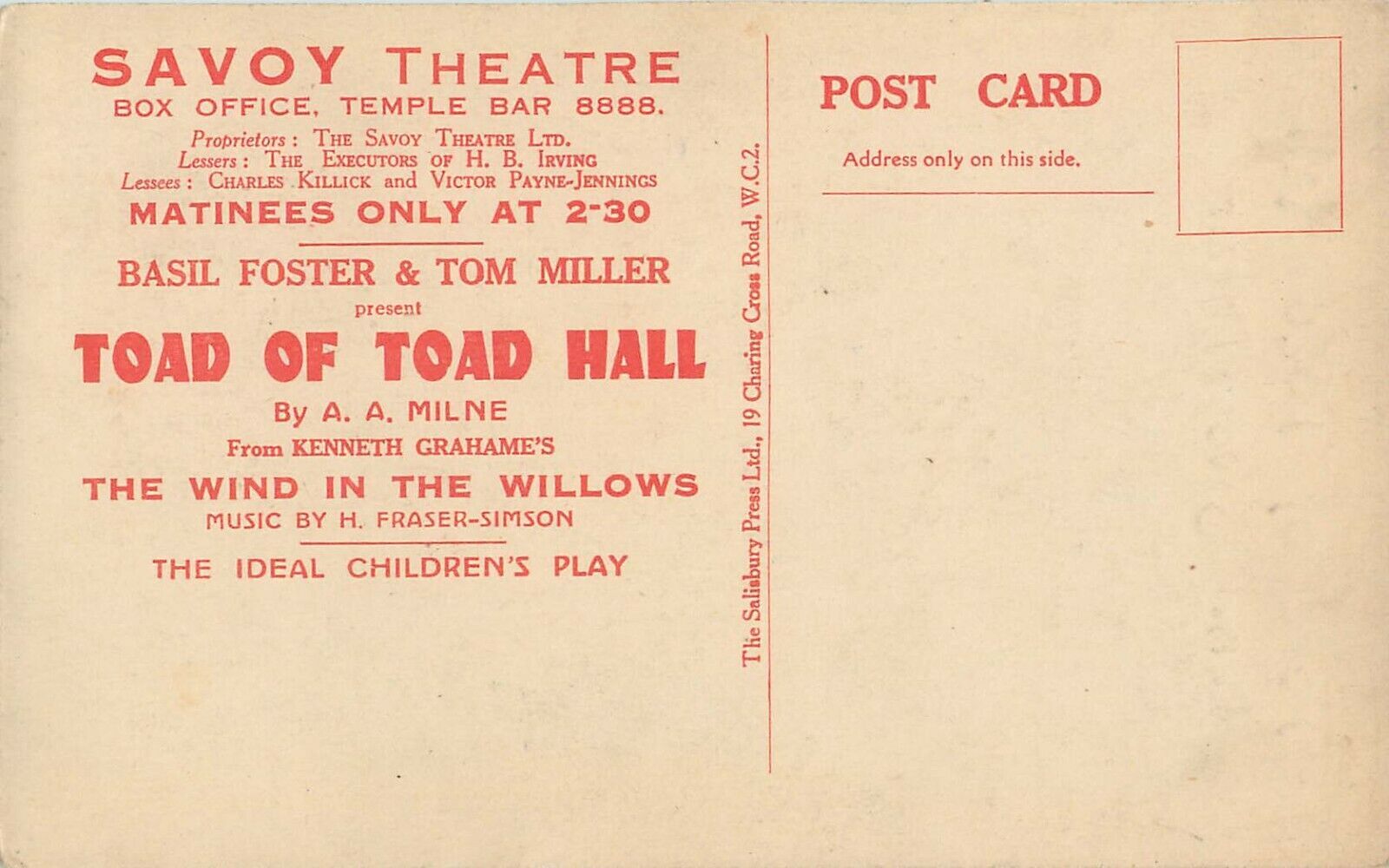 Early rare advertising THE SAVOY THEATRE Toad of Toad Hall characters ...