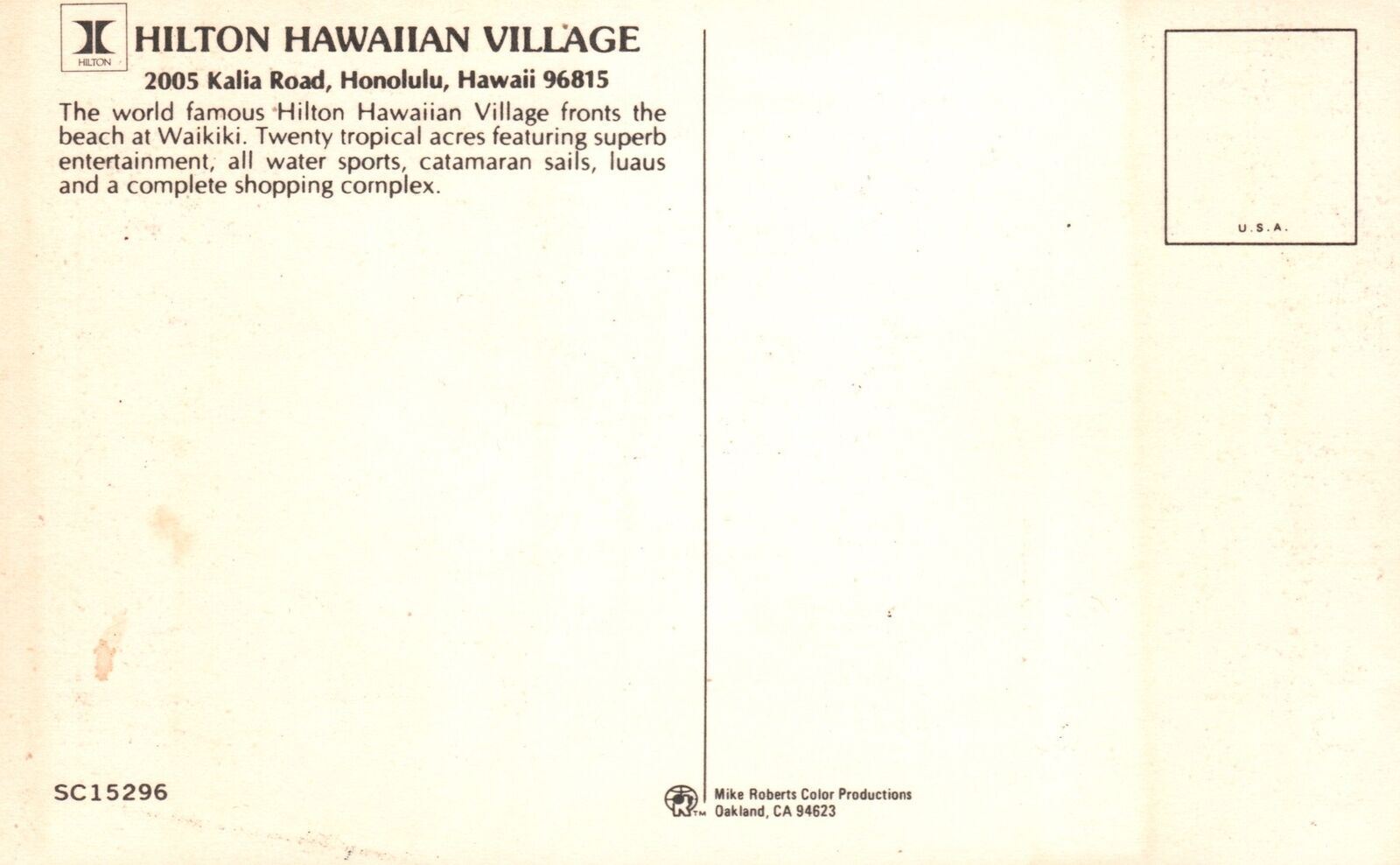 Vintage Postcard Hilton Hawaiian Village Beach Front Kalia Road ...