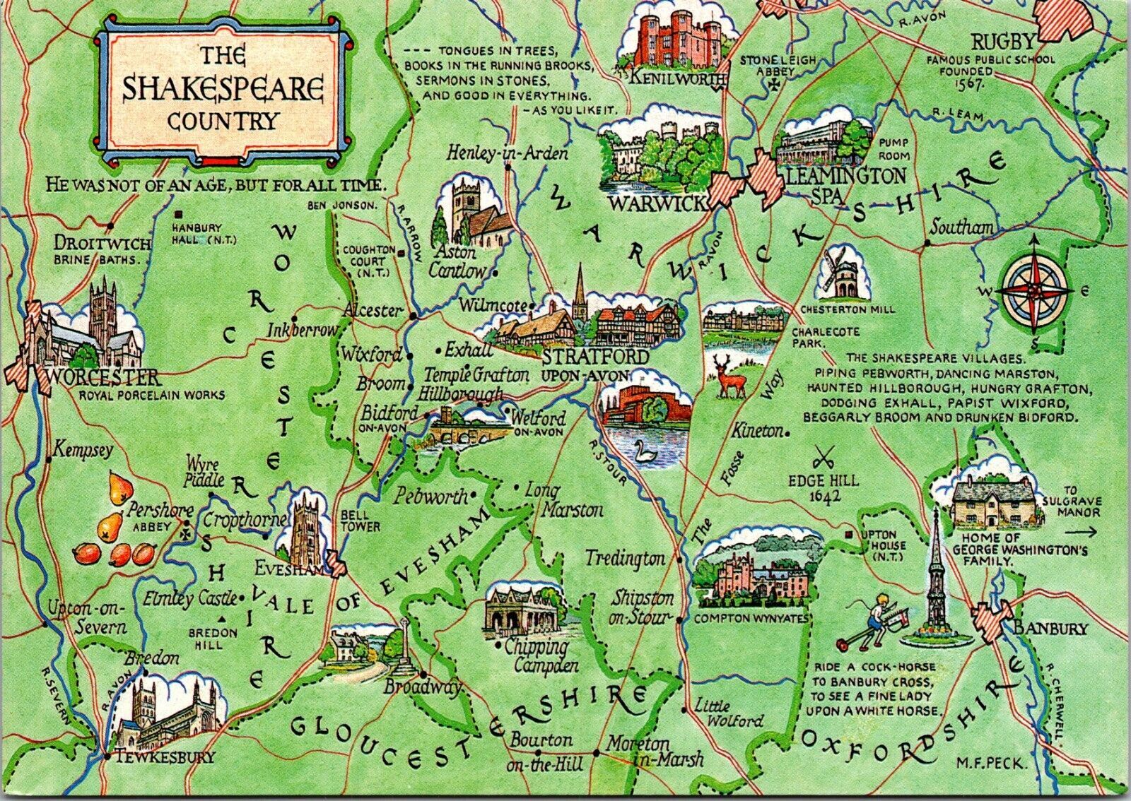 Shakespeare Country England UK illustrated Map Postcard | Europe ...