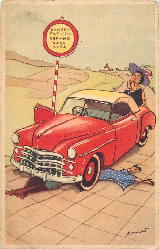 Dutch humor comic car accident woman caricature danger sign 1951 artist ...