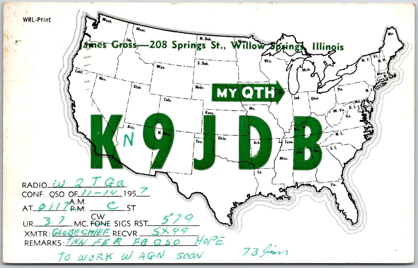 1957 QSL Radio Card Code K9JDB Willow Springs IL Amateur Station Posted ...