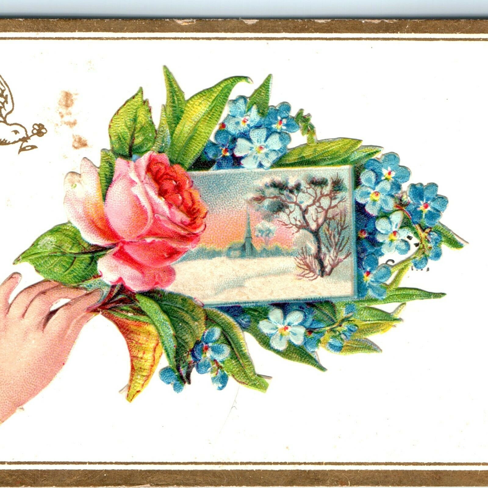 c1880s Constructed Hand Die Cut on Gold Border Trade Card Bird Rose ...
