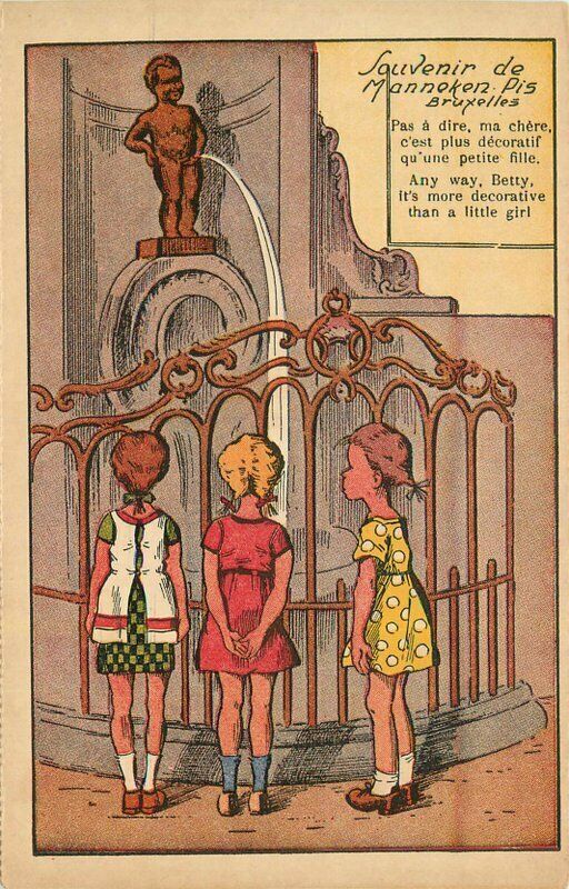 Artist impression Three girls in front of peeing statue C-1910 Postcard ...