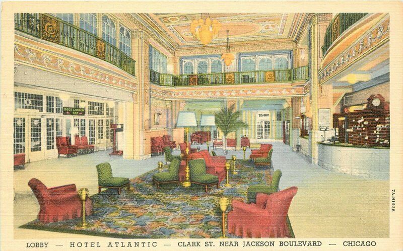 Chicago Illinois Hotel Atlantic 1930s Postcard roadside Teich interior ...