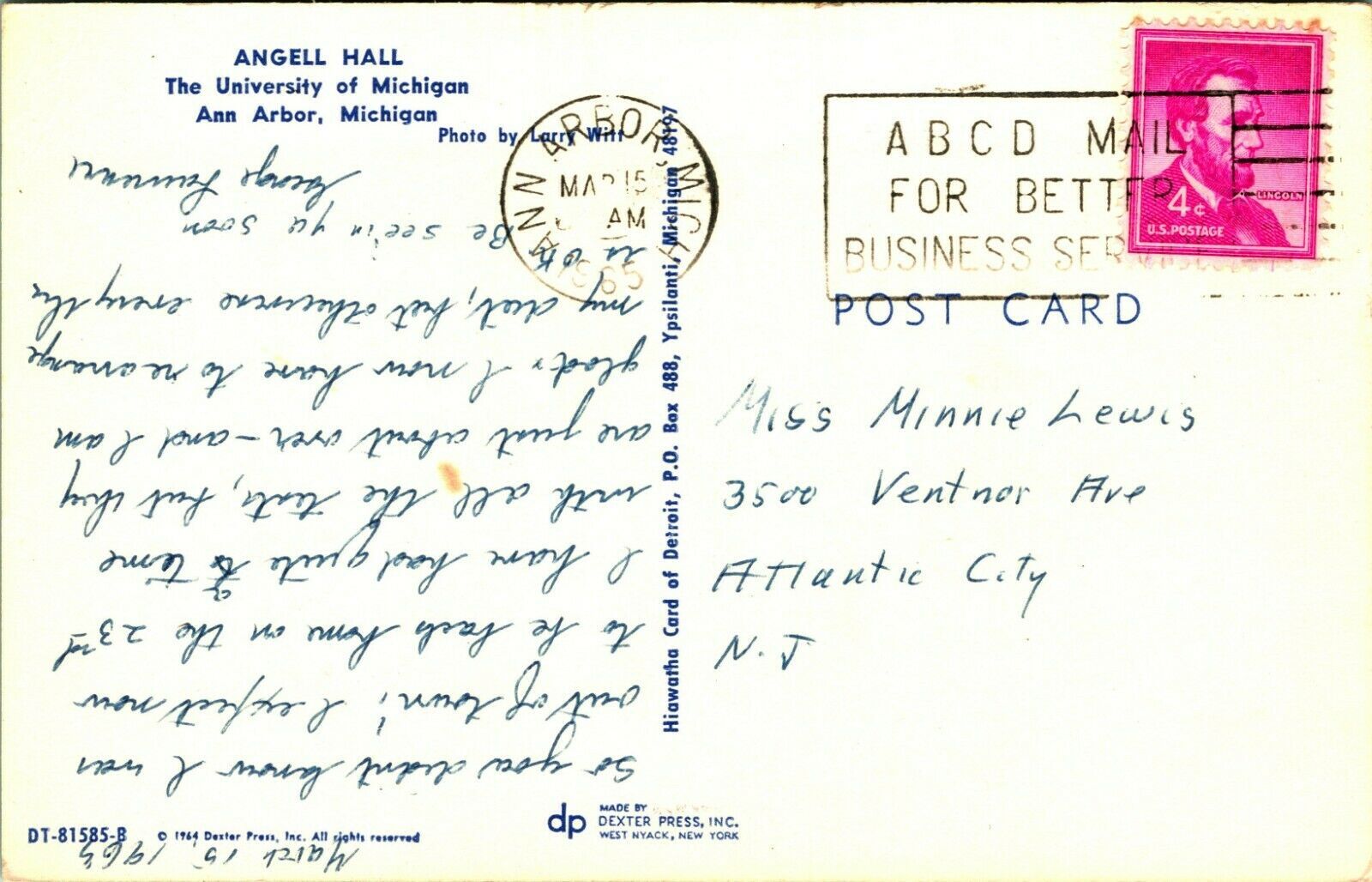 Angell Hall University of Michigan Ann Arbor MI 1965 Chrome Postcard A4 ...