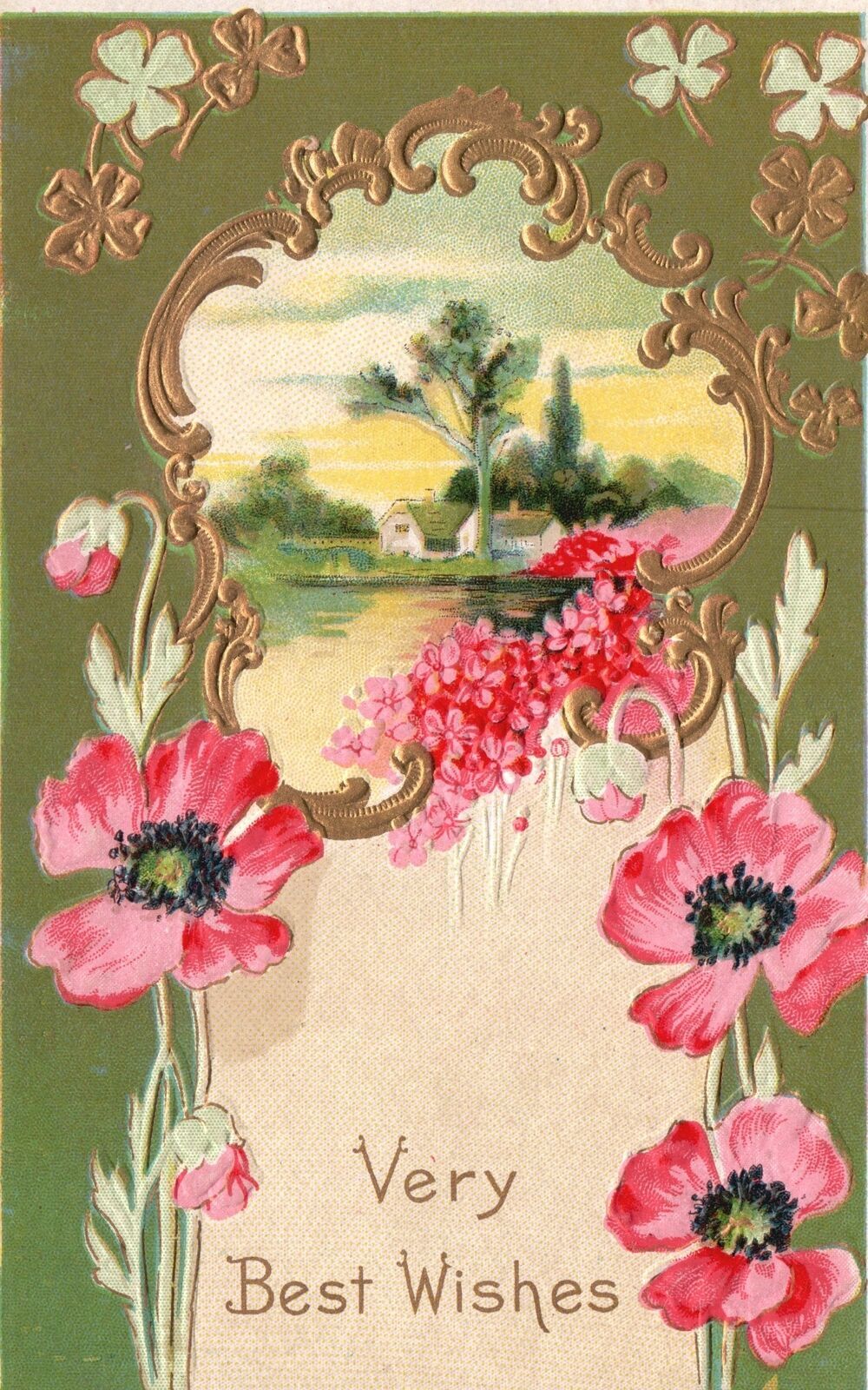 Vintage Postcard 1910's Very Best Wishes Winter Snow Village In Framed ...