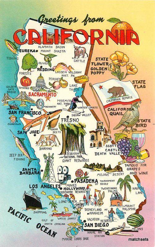 1950s Map attractions California Tichnor postcard 12130 | United States ...