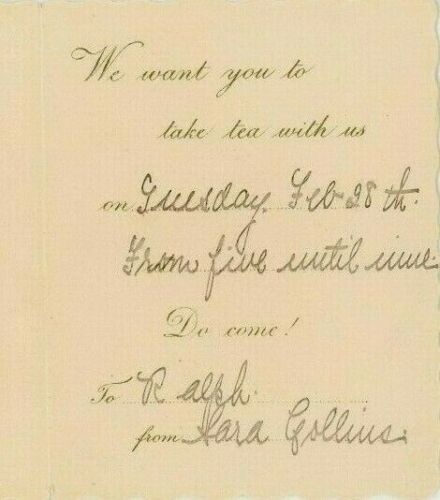 1880s Victorian Invitation to Tea Lovely Girl Colonial Dress Bonnet ...