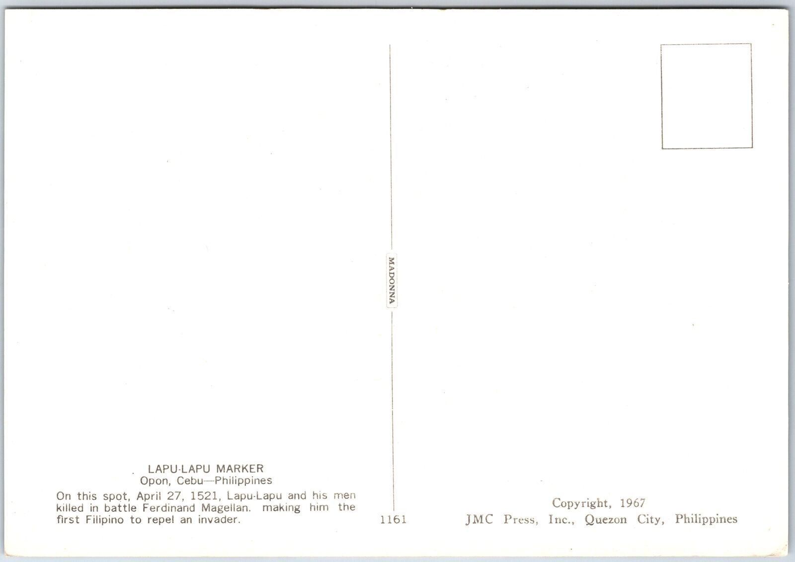 Vintage Continental Size Postcard the Lapu Lapu Marker at Opon Cebu ...