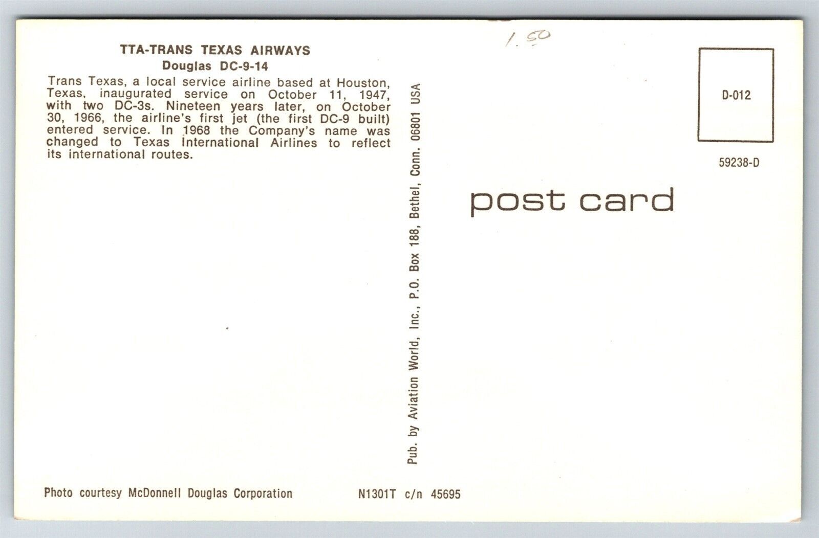 TTA Trans Texas Airways Douglas DC-9-14 Jet Plane Before 1968 Postcard ...