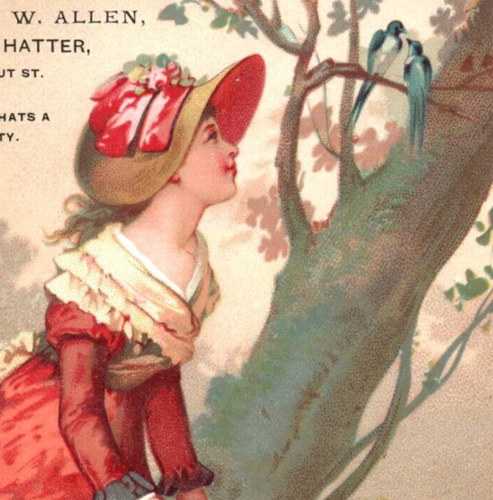 1880s Geo. W. Allen Hatter Lovely Lady Regency Era Dress & Blue Birds #6F | Ephemera - Chromo ...