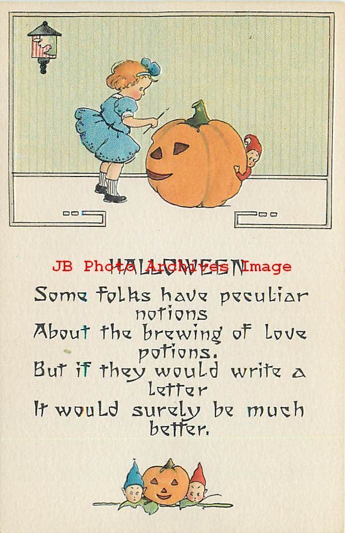 Halloween, Nash No 30-2, Girl Sees a Elf Hiding behind a Jack o Lantern ...