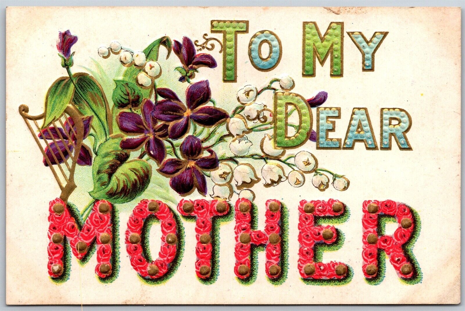 Vtg Greetings To My Dear Mother Embossed Gold Gilt Flowers 1910s Old ...
