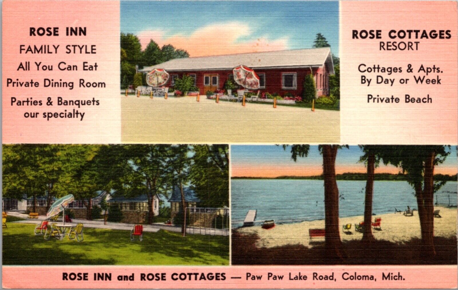 Linen Postcard Rose Inn and Rose Cottages Paw Paw Lake Road in Coloma ...