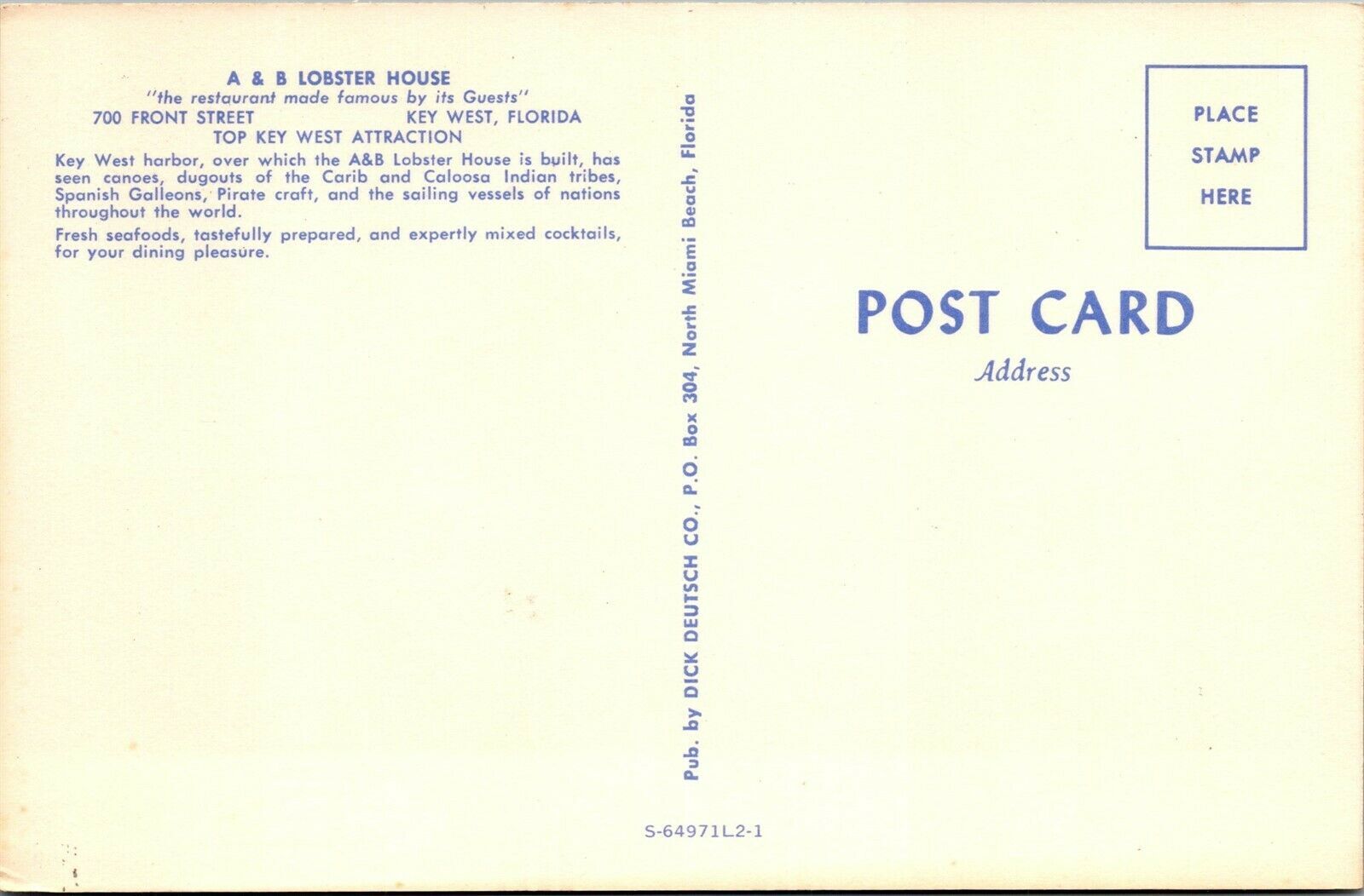 Vtg Key West Florida FL A & B Lobster House Restaurant Postcard ...