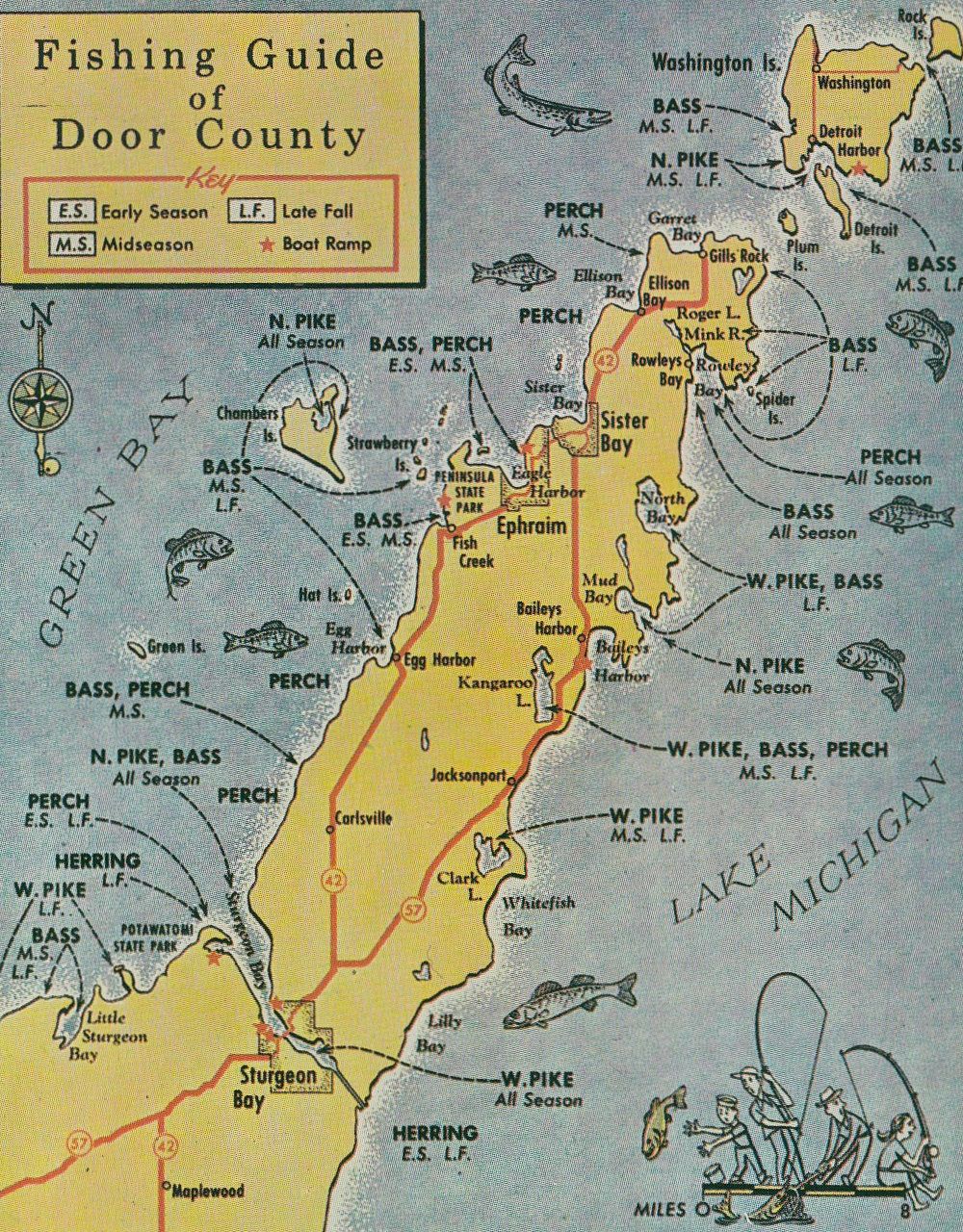 Fishing Guide To Door County Lake Michigan Map Postcard | United States ...