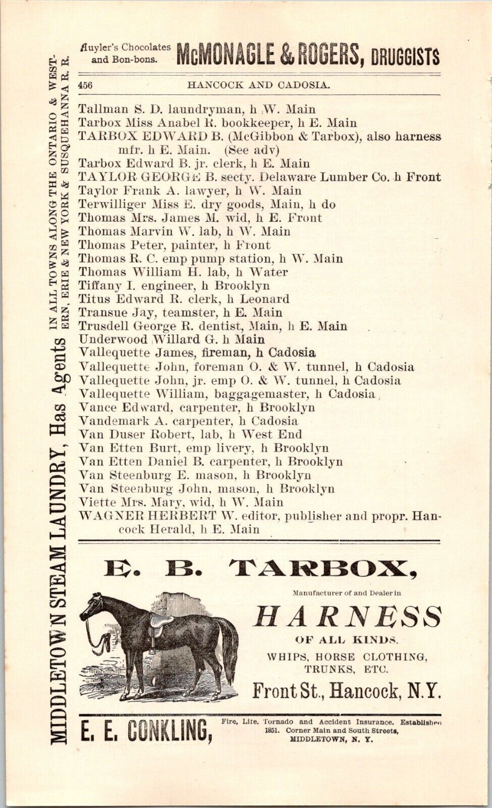 1900 E B Tarbox HARNESS Whips Horse Clothing Trunks HANCOCK NY Print Ad ...