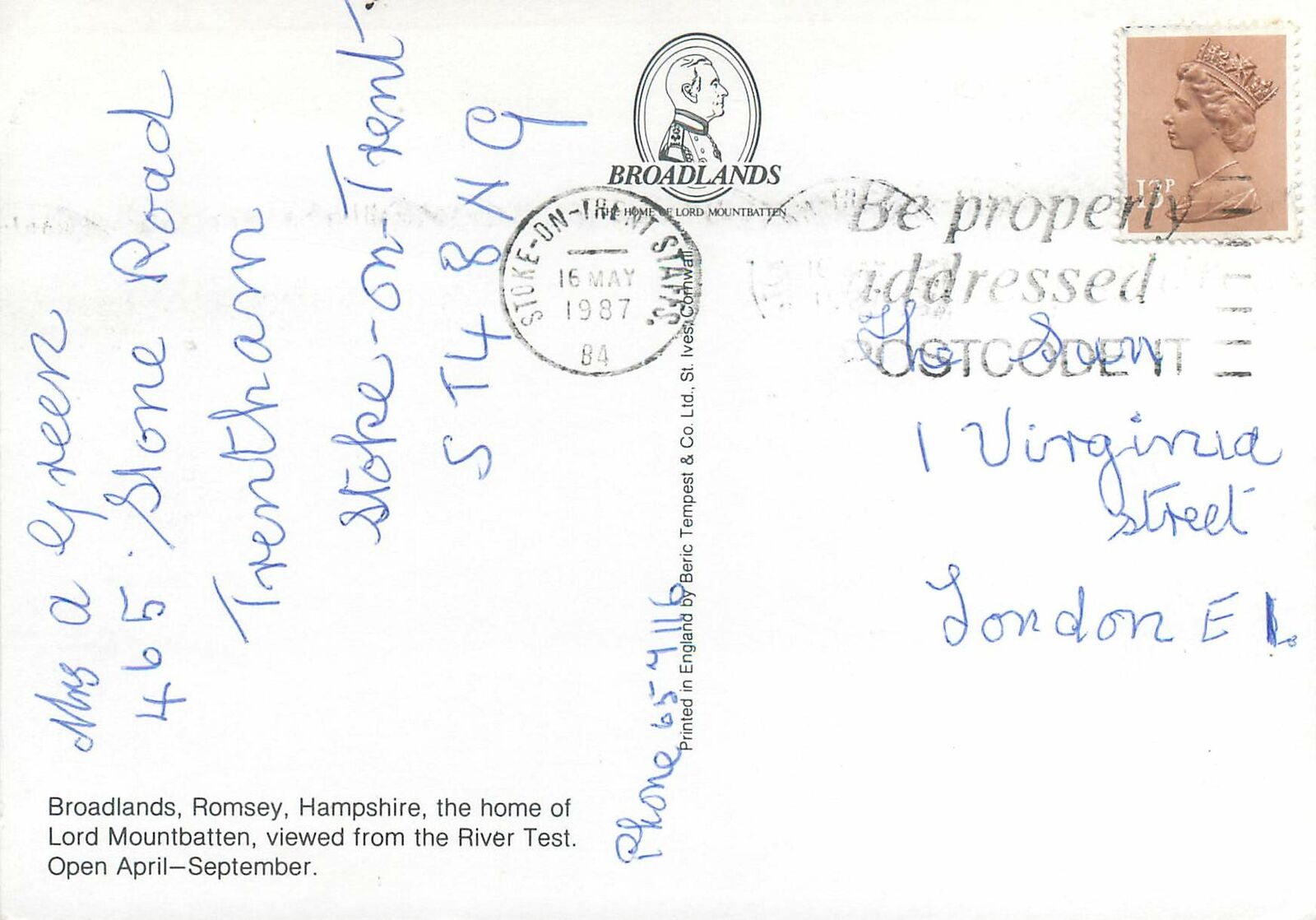 Postcard England Romsey Broadlands Lord Mountbatten House river Test ...