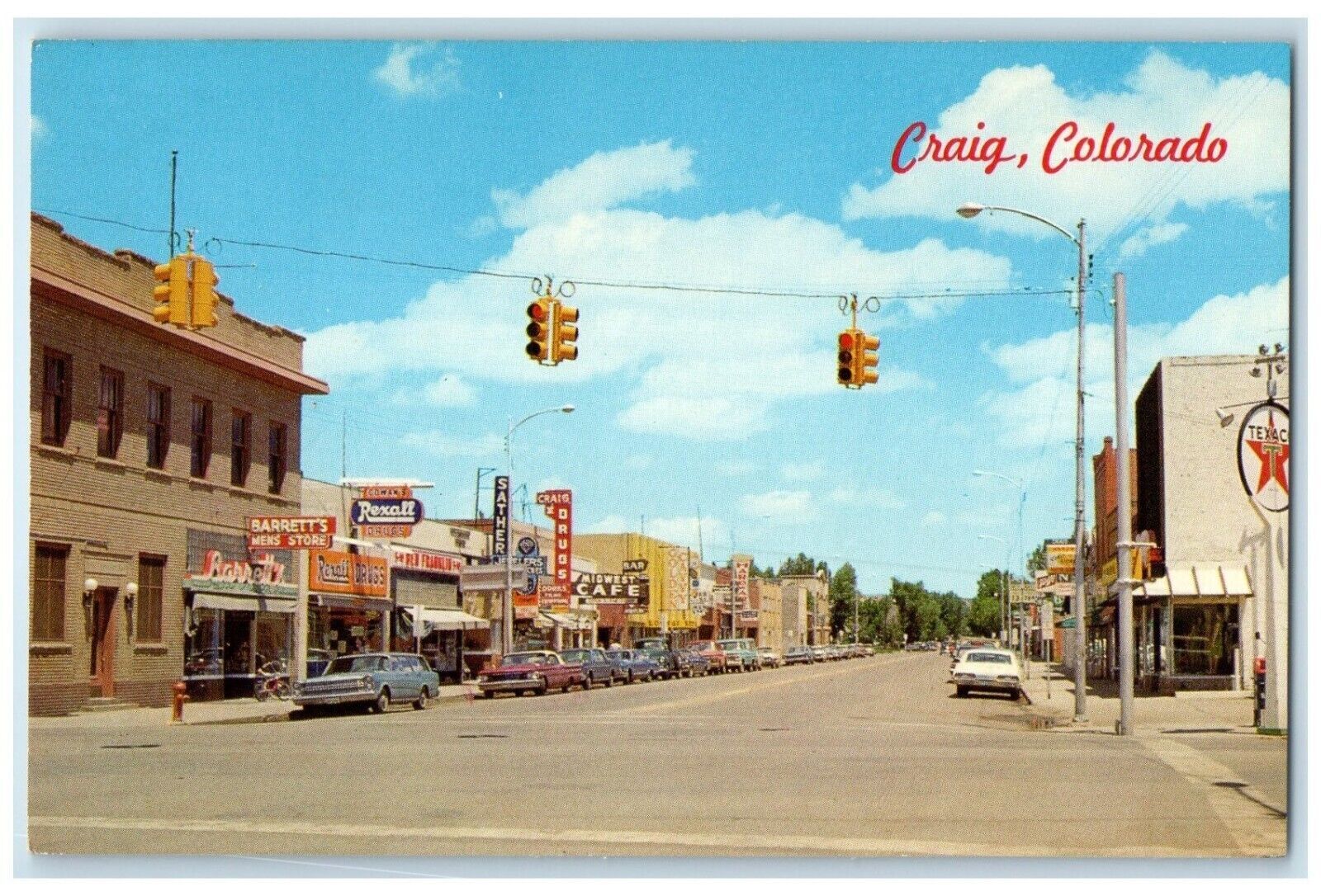 Craig CO, Main Street Business Section Drug Store Texas Gas Station ...