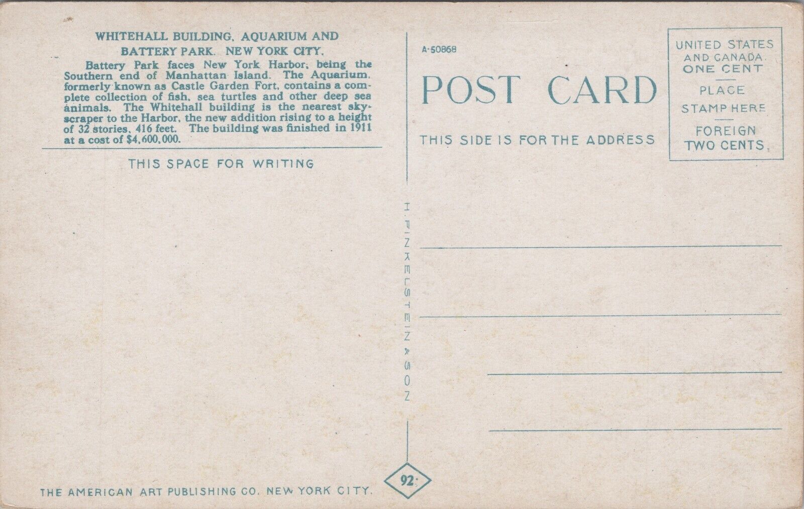 Whitehall Building Aquarium Battery Park New York City Vintage Postcard ...