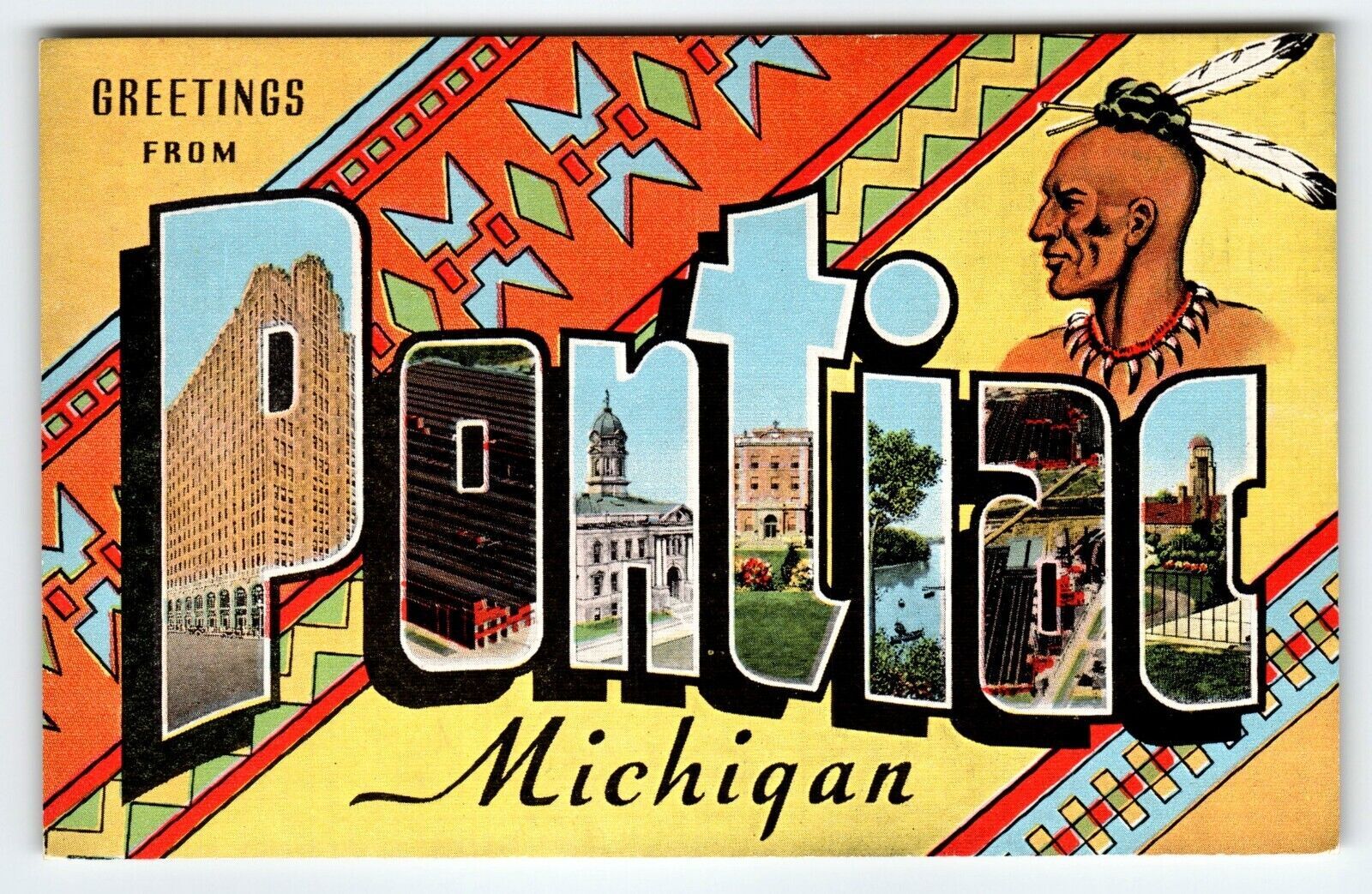Greetings From Pontiac Michigan Large Big Letter Postcard Linen Unused ...