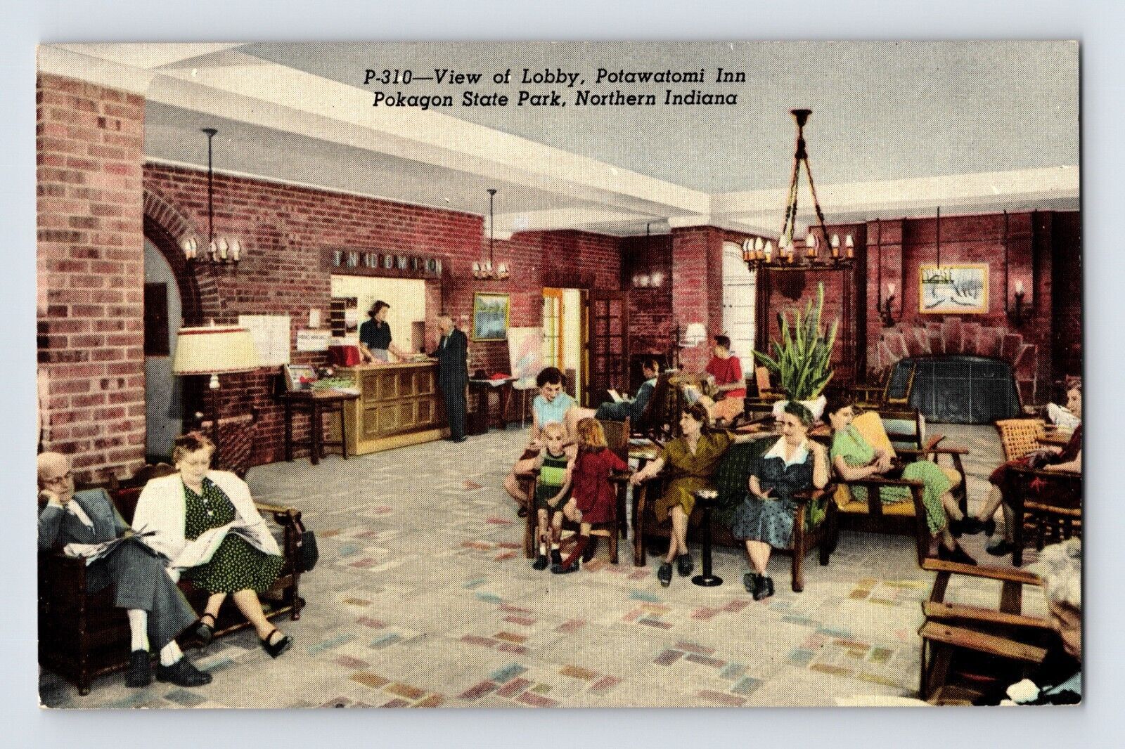 Postcard Indiana Pokagon Park IN Potawatomi Inn Hotel Lobby 1950s ...
