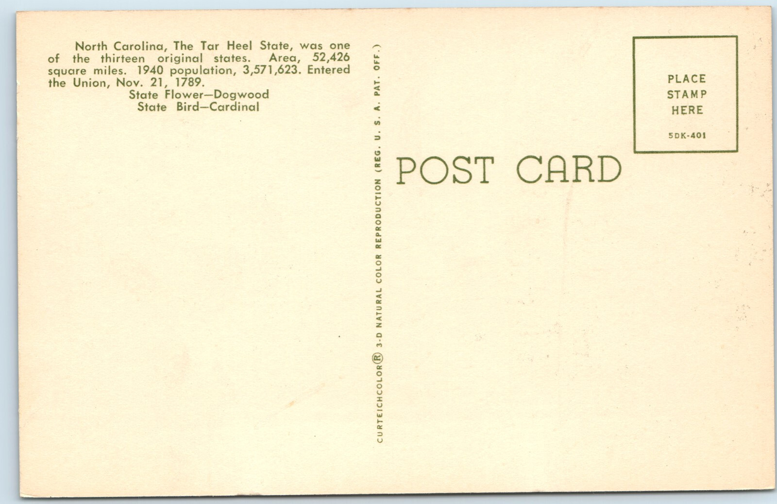 1965 NC North Carolina State Toast Card Greetings Seal Flag Bird Teich ...