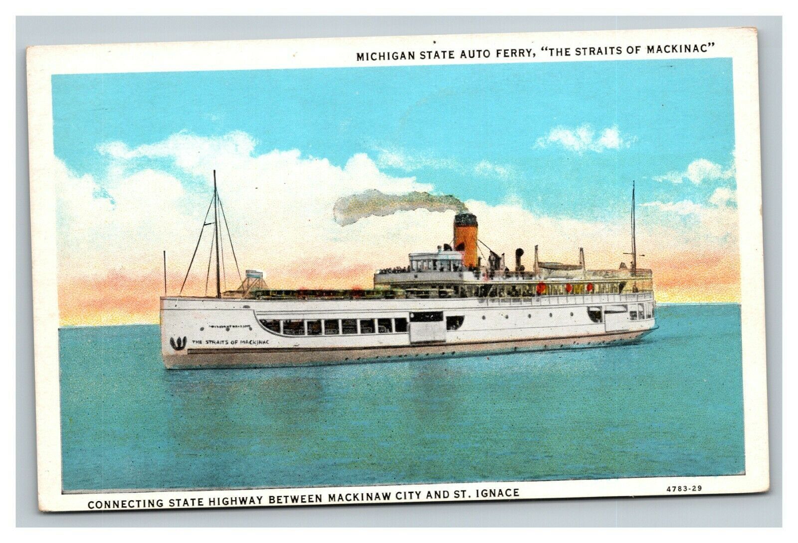 Vintage 1920's Postcard Michigan State Auto Ferry Straits of Mackinac ...