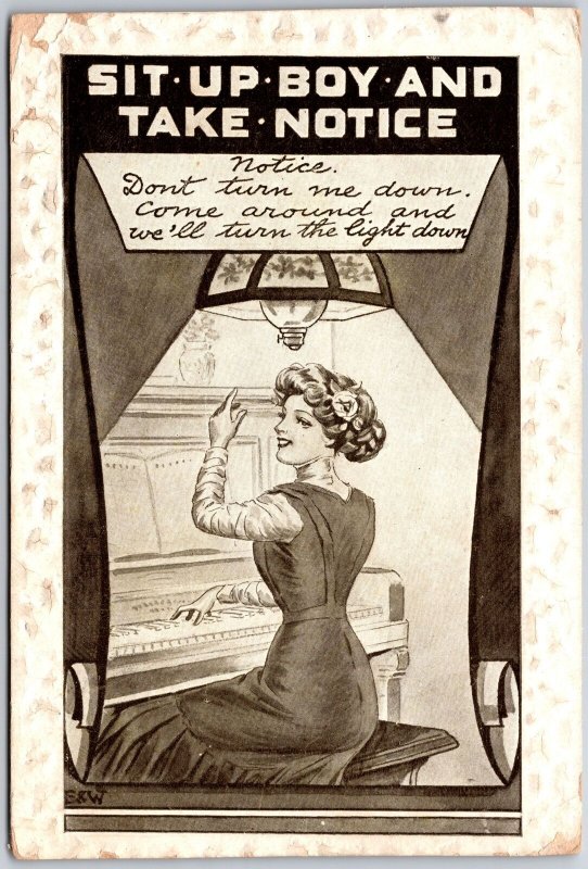 Beautiful Lady Playing The Piano "Don't Turn Me Down" Comic Postcard ...