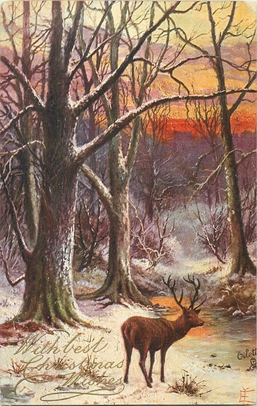 Postcard art drawing deer winter scene river sunset nature wild | Other ...