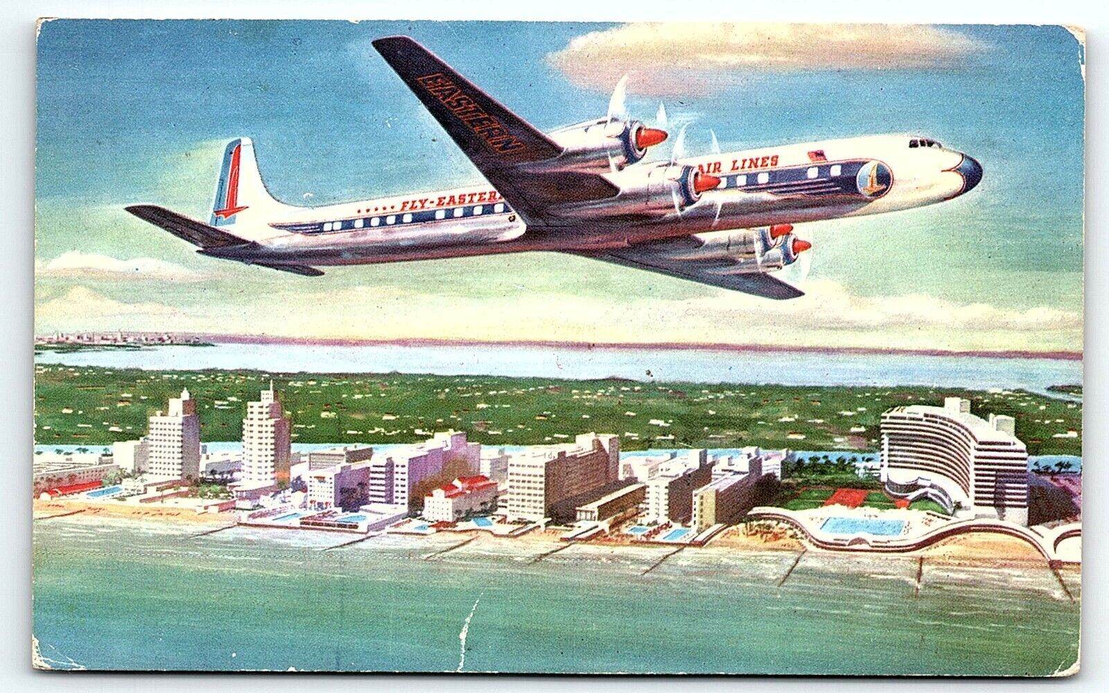 1950s Eastern AIR Lines Golden Falcon Dc-7B in Flight Postcard P1436 ...